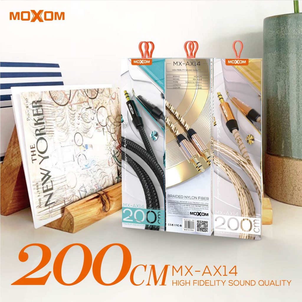 وصلة صوت AUX موكسوم MX-AX14 مسمار 2 متر MOXOM MX-AX14 Wire 3.5mm Aux Audio 2M Braided Wire Cable ...